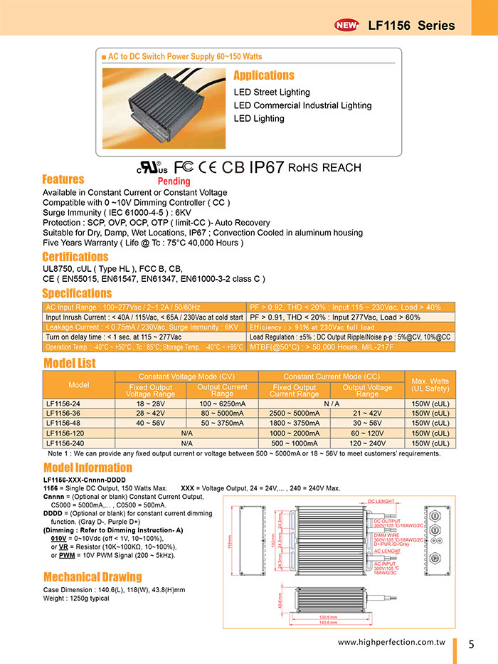 LF1156 series - LF1156(60-150W), AC / DC, Dimm-0-10V, VR, PWM | LF ...